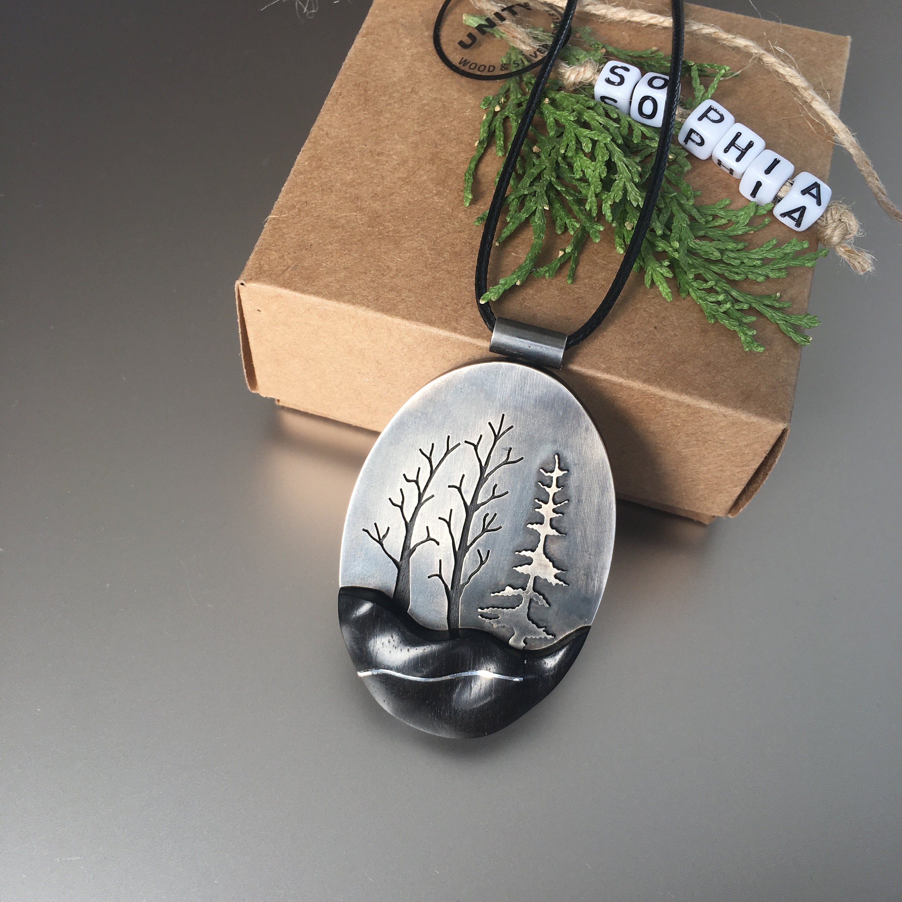 Oval Forest Pendant, Ebony Wood Silver Necklace, 5th Anniversary Gift ...