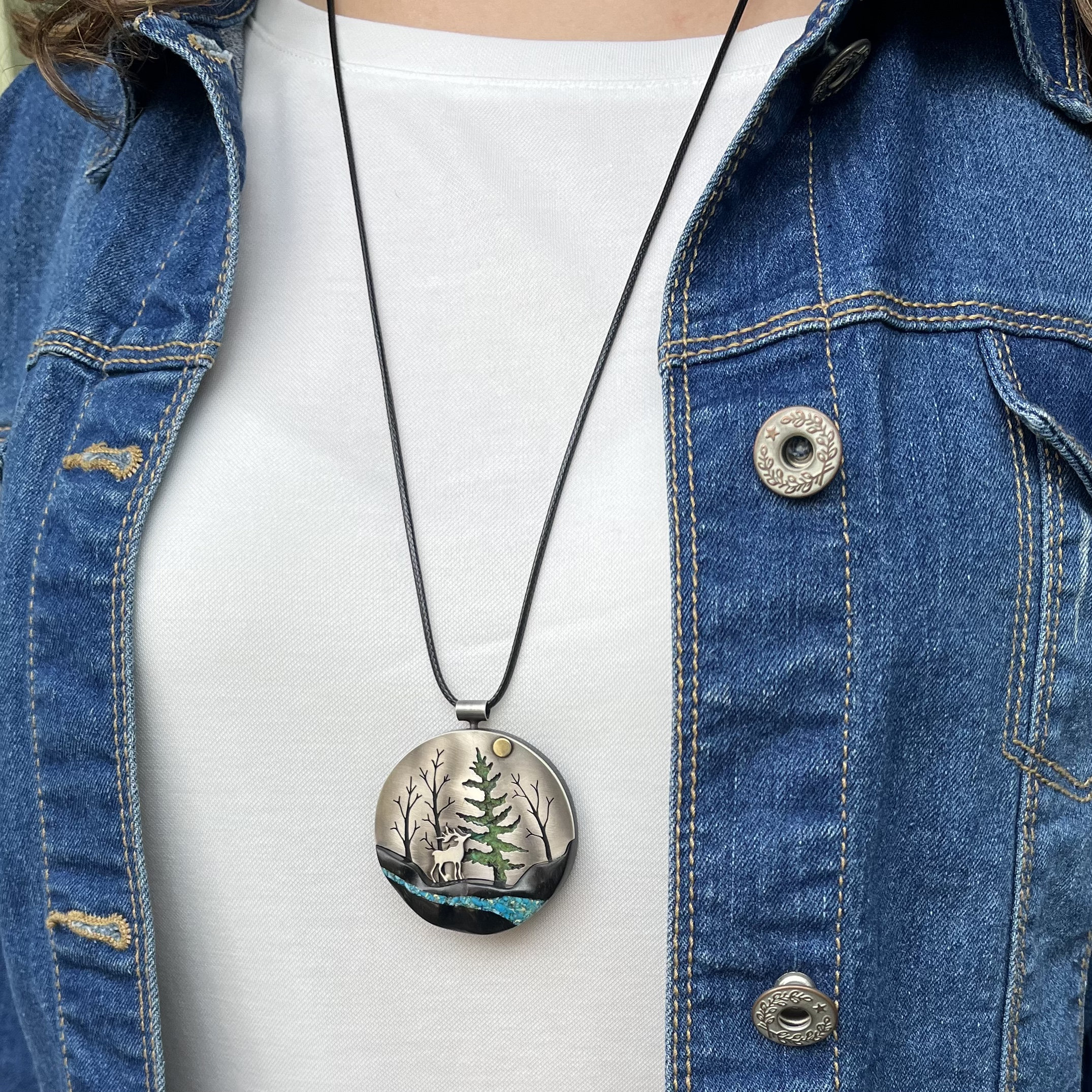 Deer in Forest Necklace, Scenery Pendant,pine Tree River Pendant ...