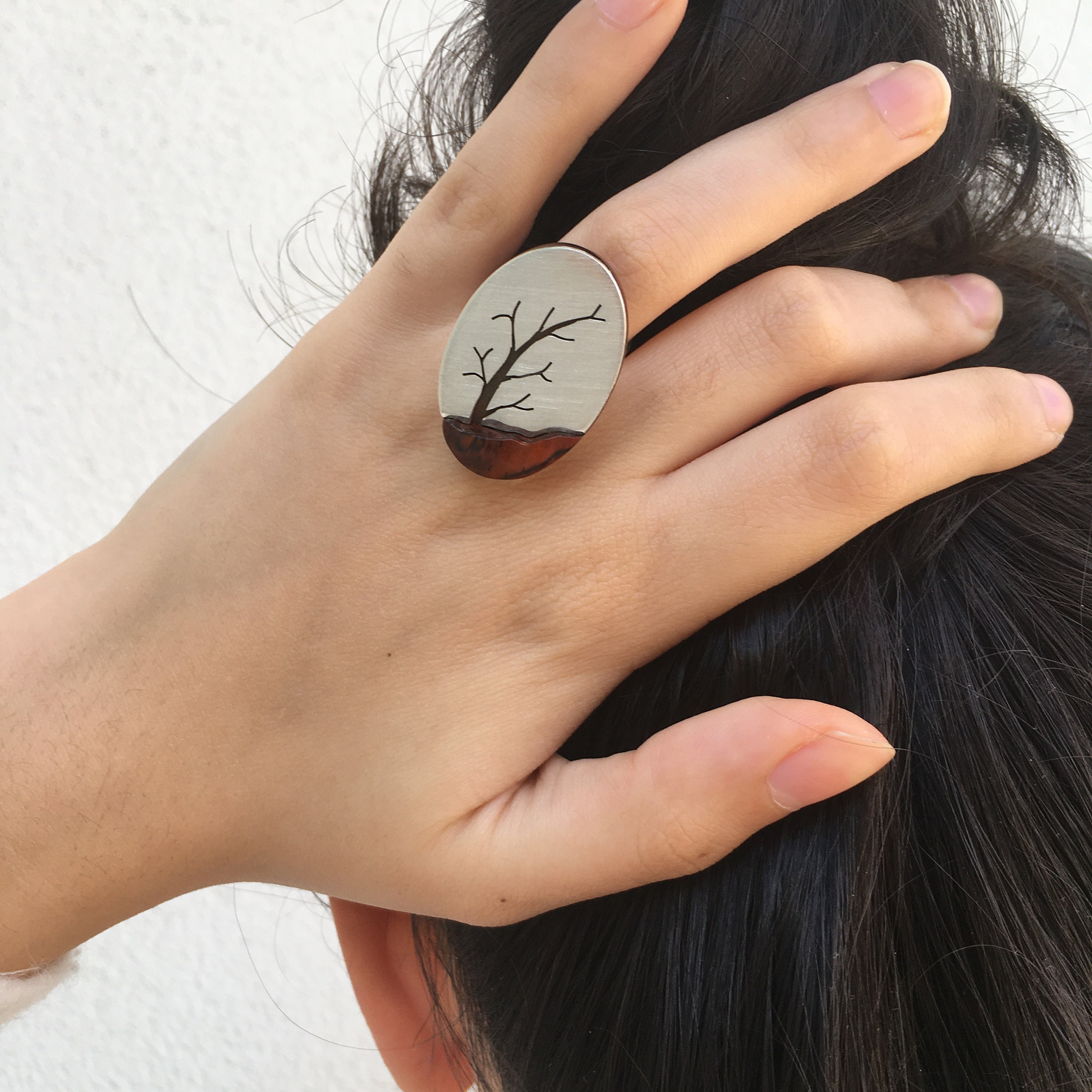 Oval Tree Ring Nature Jewelry Wood Silver Ring Nature Lover - Etsy