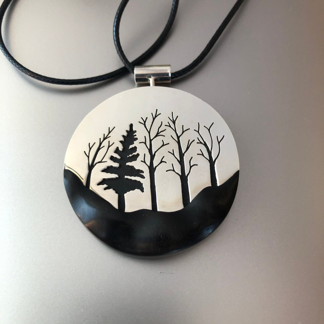Forest Pendant, Landscape Jewelry, Ebony Wood and Sterling Silver ...