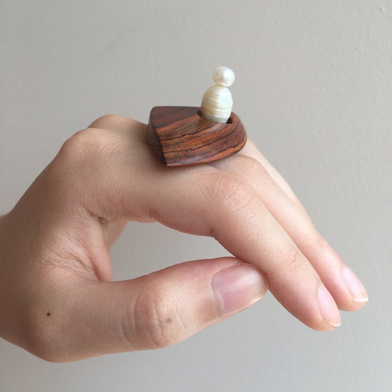 Contemporary Cocobolo Wood Ring: Sterling Silver Pearl Jewelry - Etsy