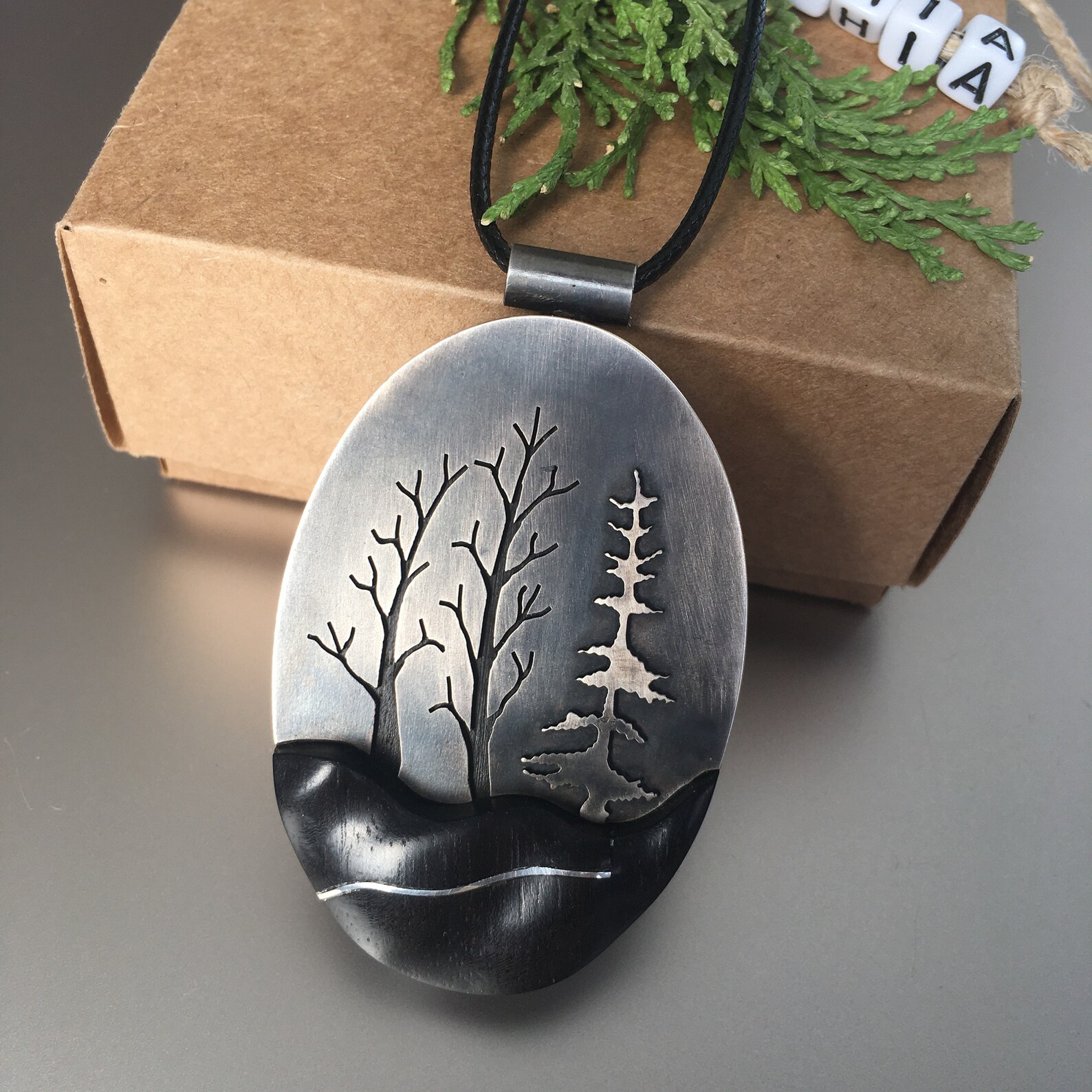 Oval Forest Pendant, Ebony Wood Silver Necklace, 5th Anniversary Gift ...