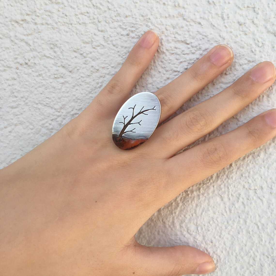 Oval Tree Ring Nature Jewelry Wood Silver Ring Nature Lover - Etsy