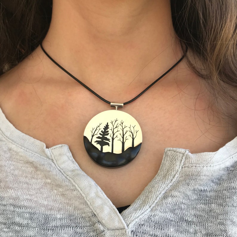 Forest Pendant, Landscape Jewelry, Ebony Wood and Sterling Silver ...