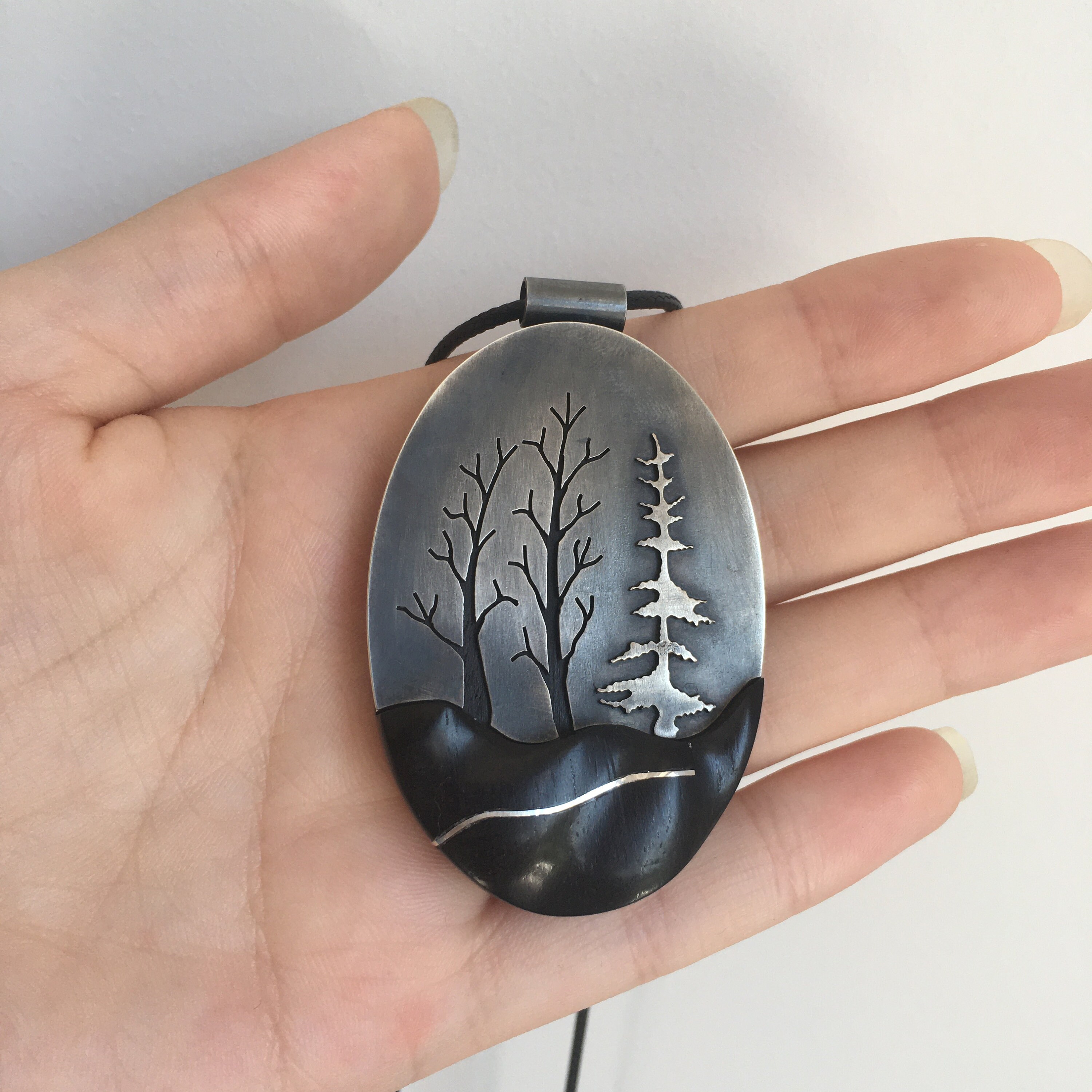 Oval Forest Pendant, Ebony Wood Silver Necklace, 5th Anniversary Gift ...