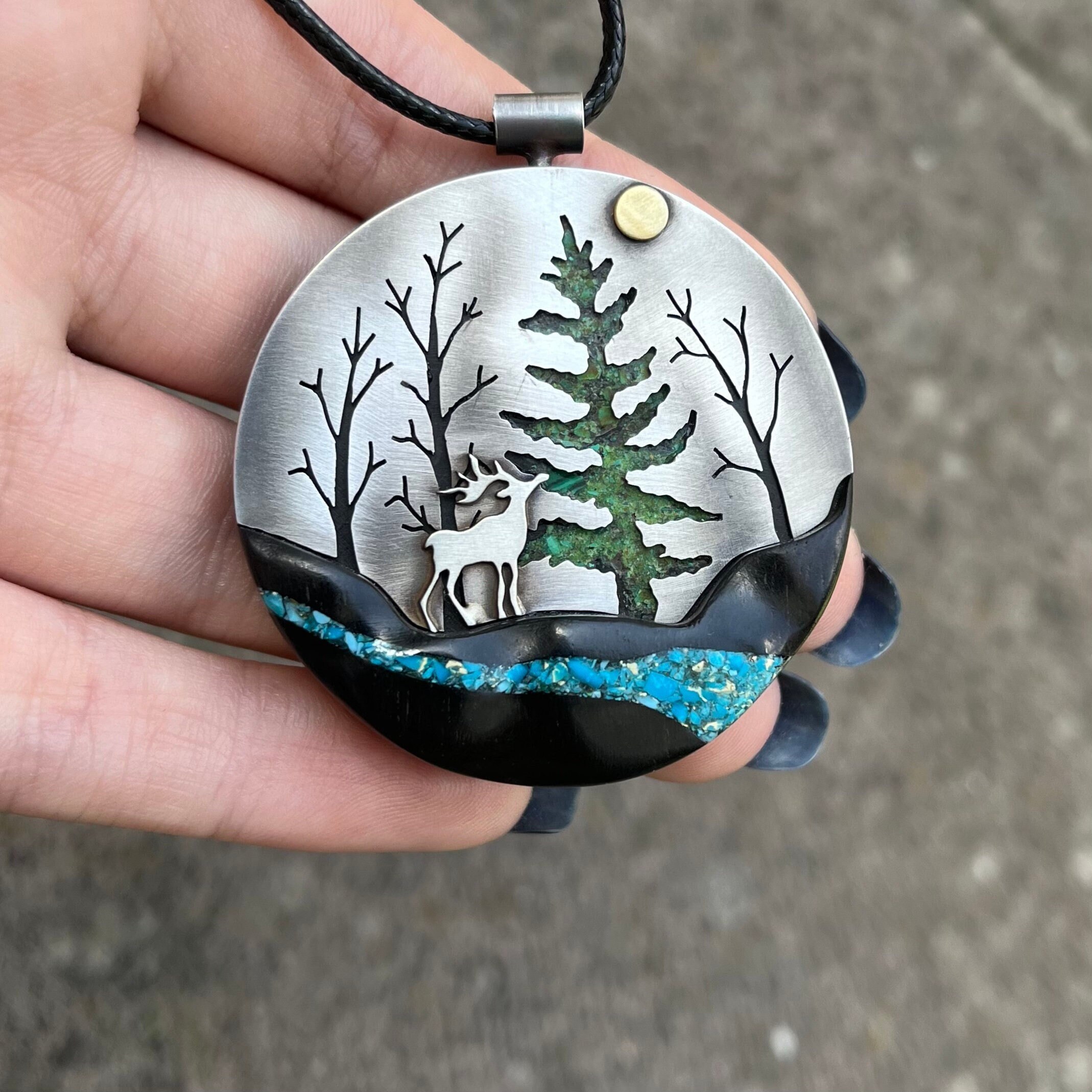 Deer in Forest Necklace, Scenery Pendant,pine Tree River Pendant ...