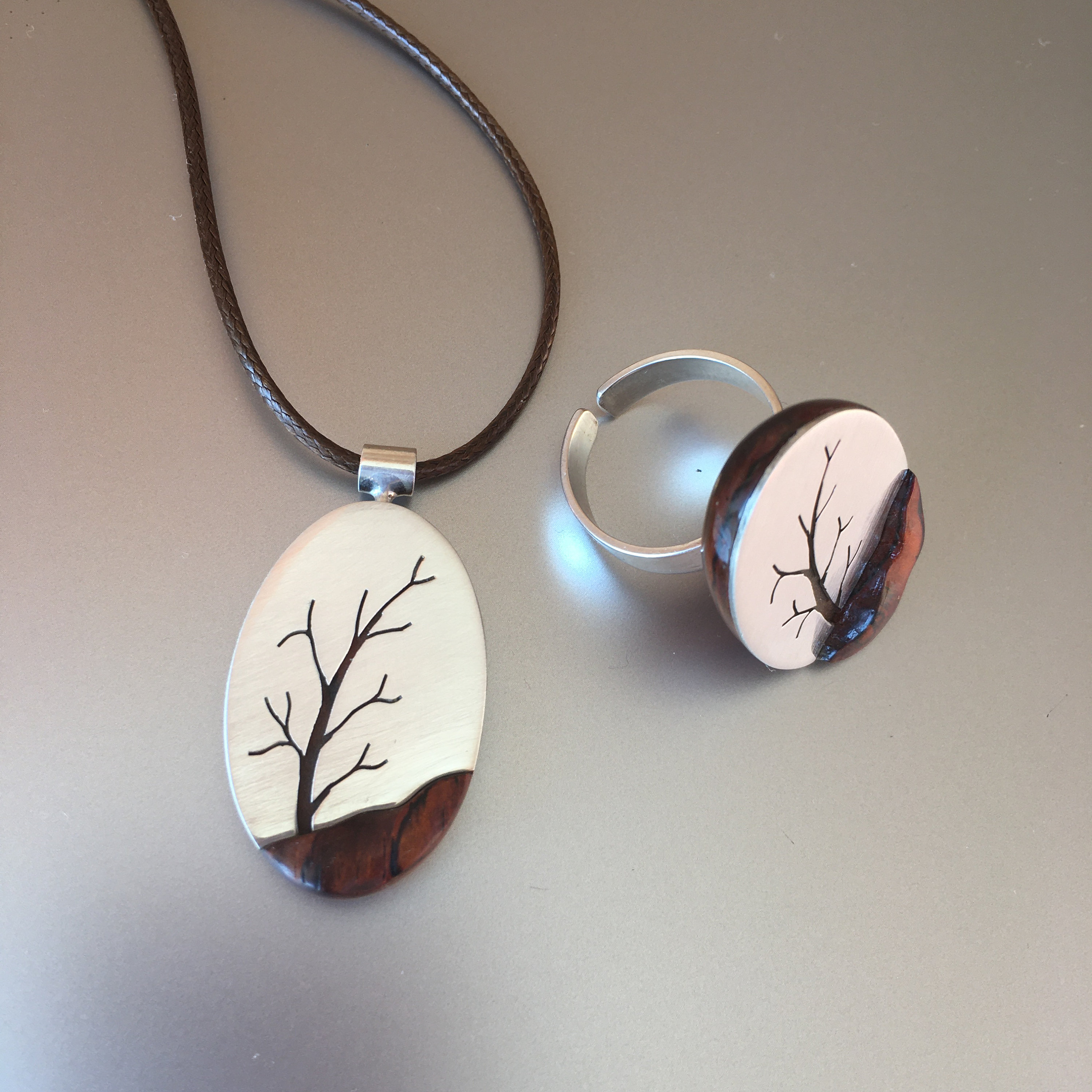 Tree Jewelry Set Wood Silver Pendant Ring Forest Jewelry - Etsy