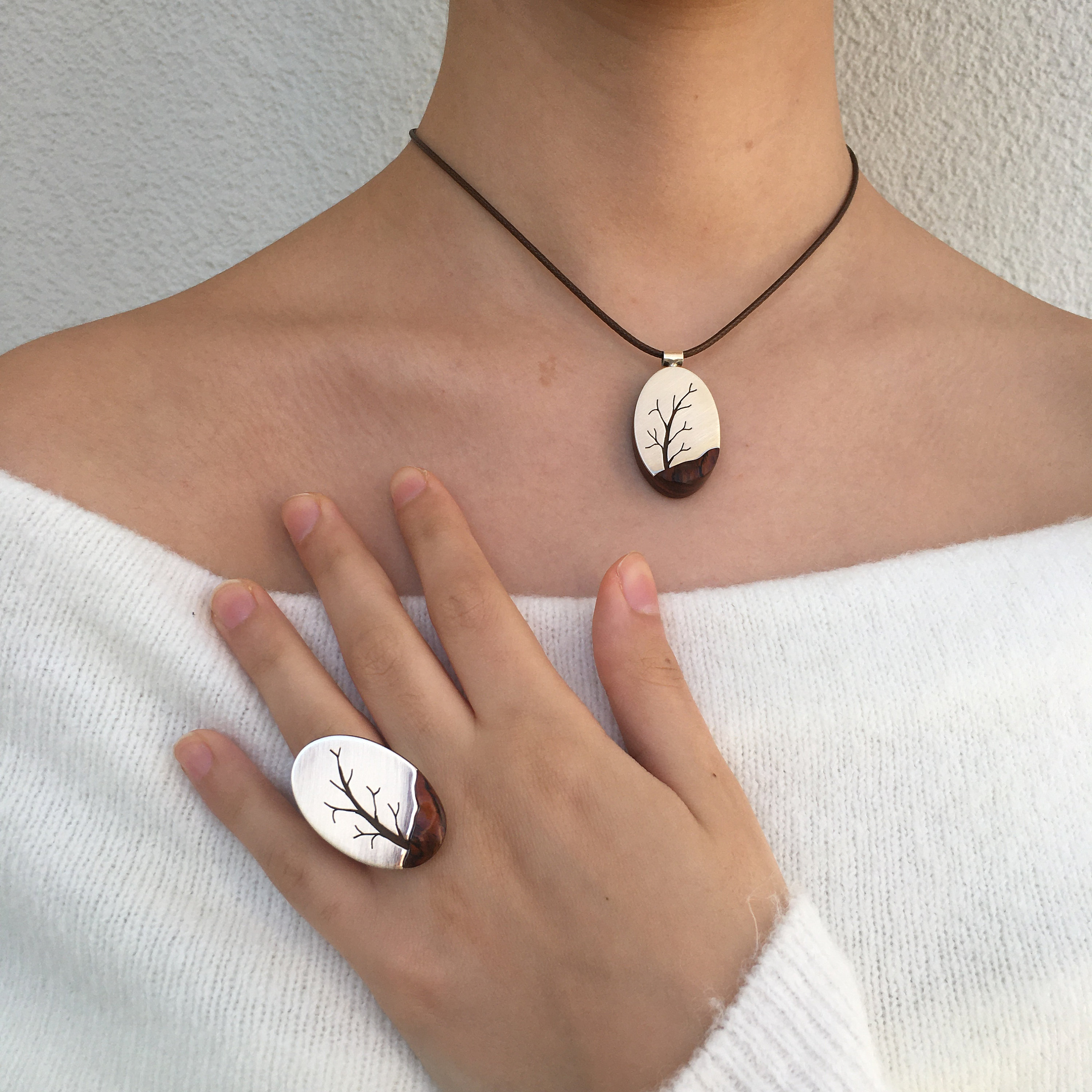 Tree Jewelry Set Wood Silver Pendant Ring Forest Jewelry - Etsy