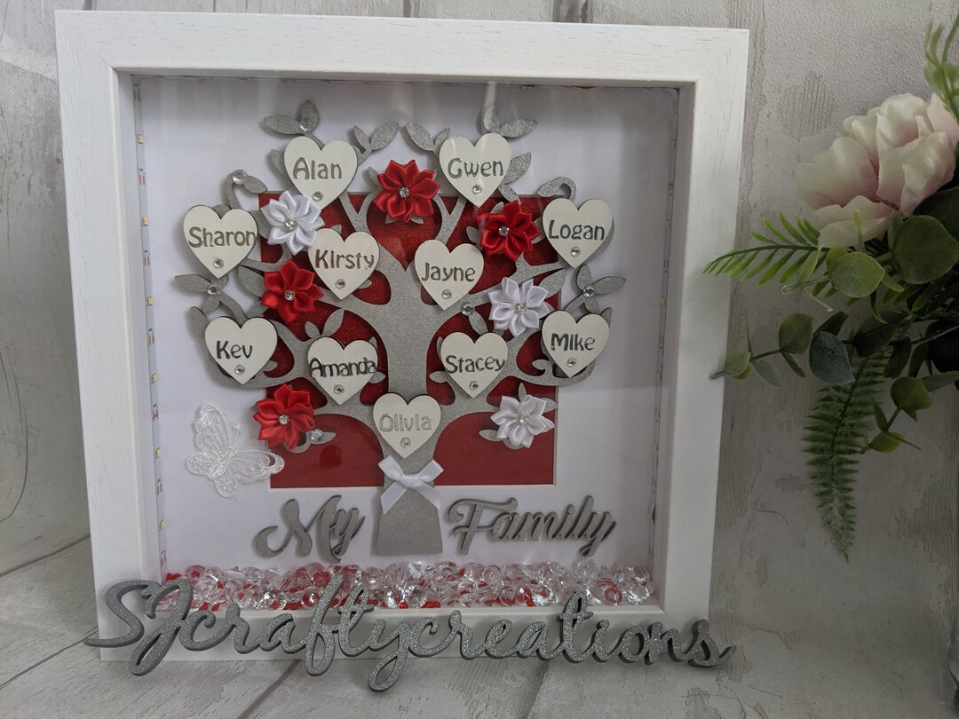 Personalised Family Tree Box Frame, Red/silver Scrabble, Lights ...