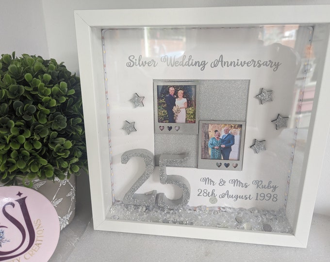 Personalised 25th Wedding Anniversary Frame, Box Frame, Lights, Silver ...