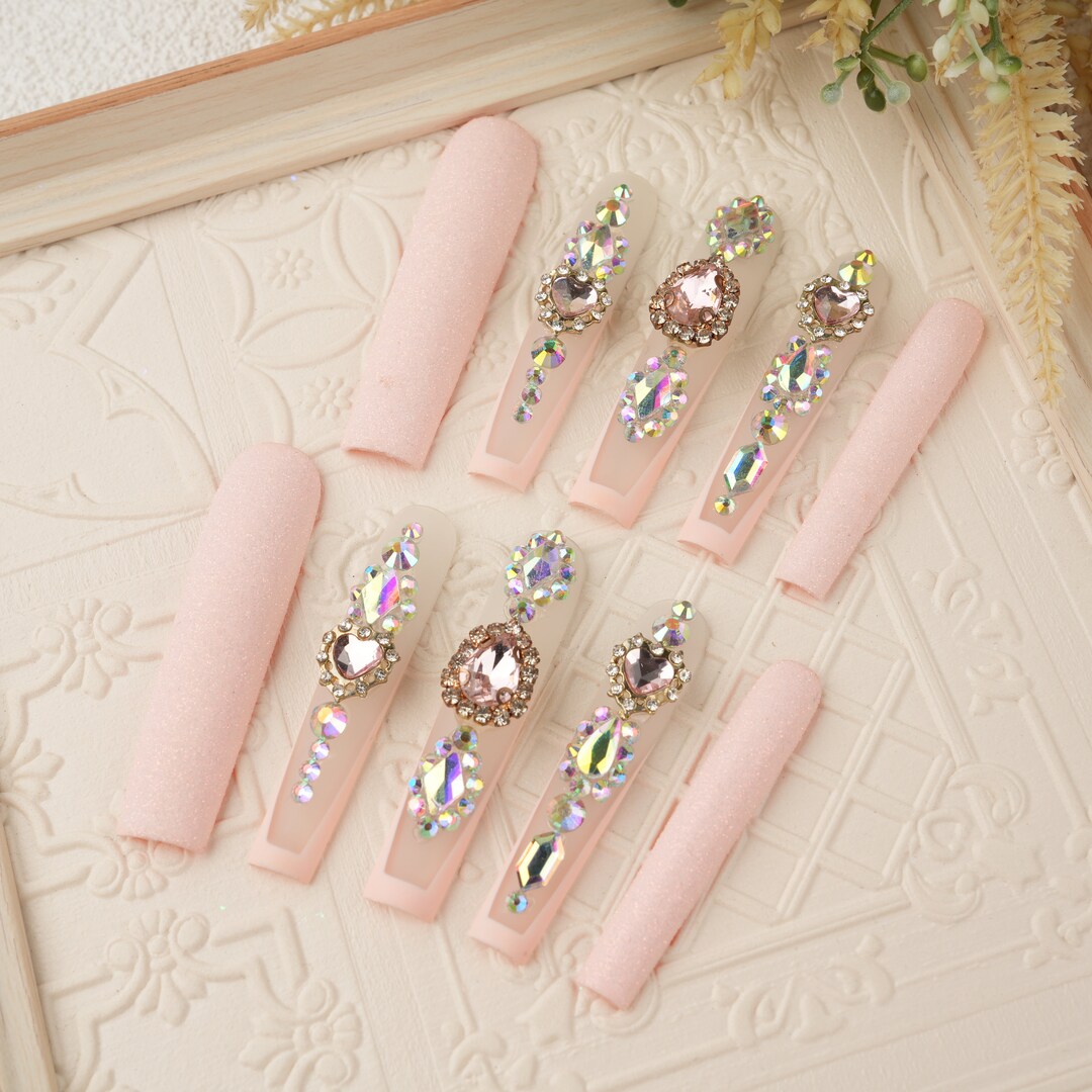 Clearance Elegant Pink Diamond Sparkle Press on Nails,luxury Nails ...