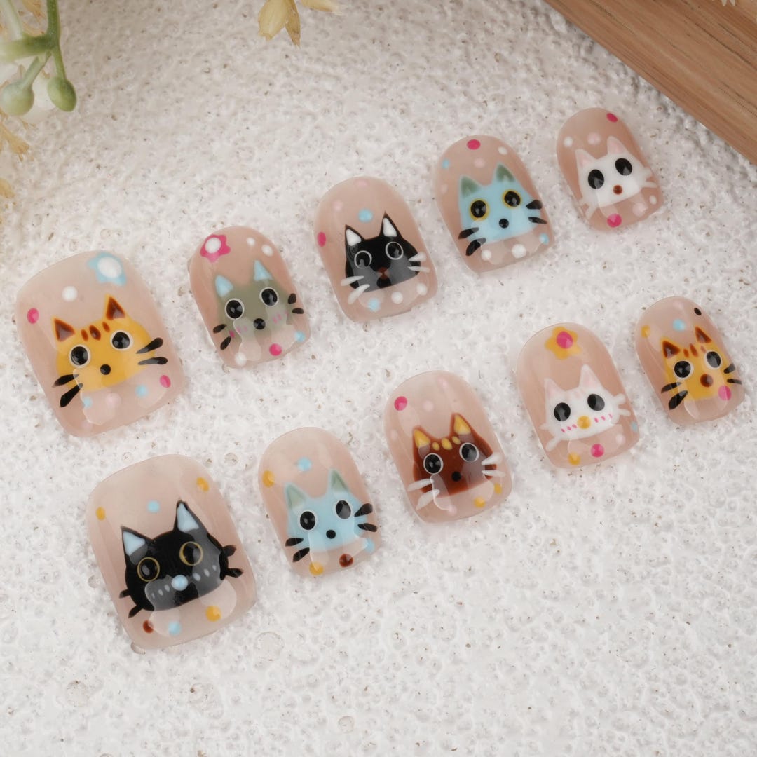 Cute Cat Paradise,handmade Pink Polka Dot Cat Press on Nails,hand ...