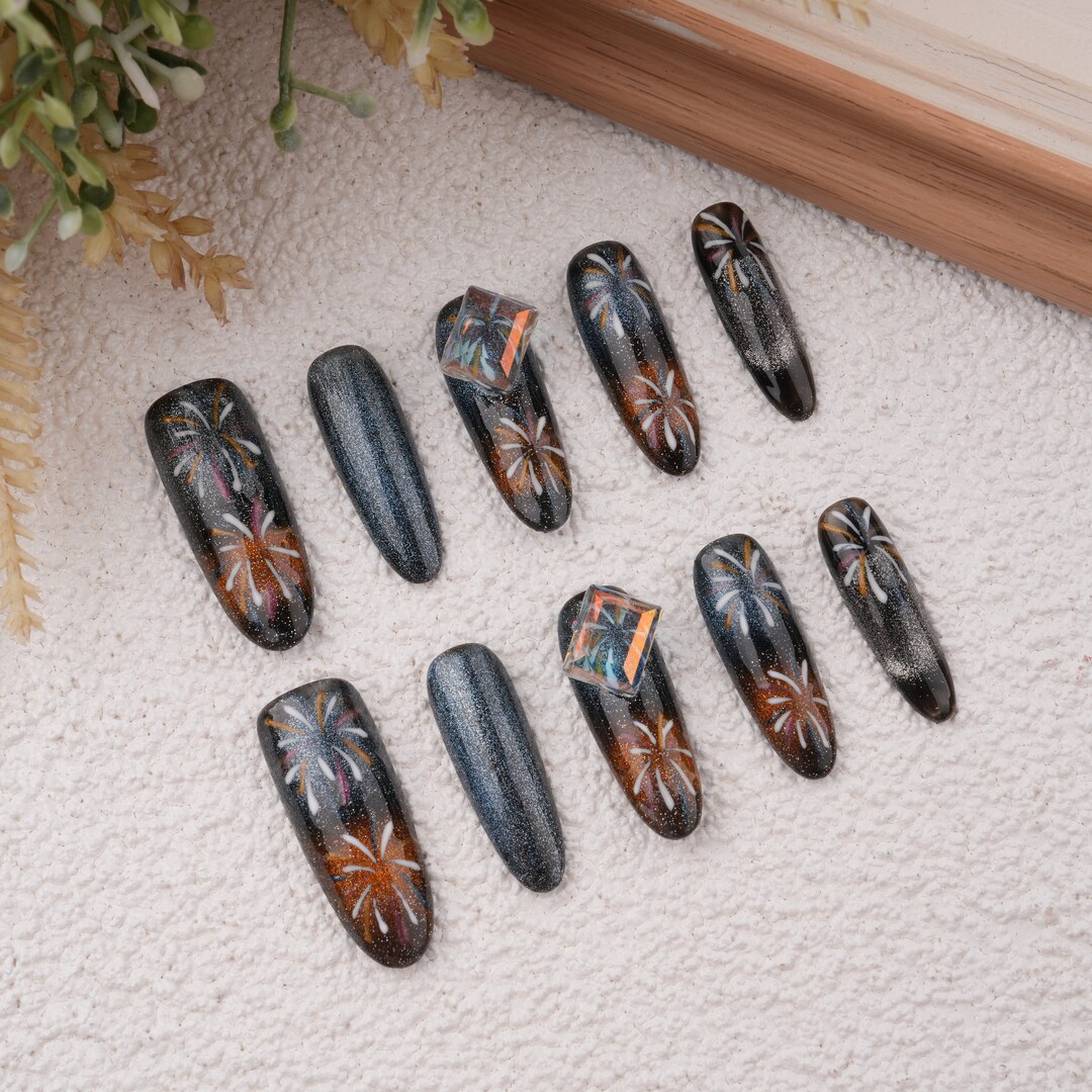 Rainbow Fireworks Long Coffin Press on Nails,glitter Nails,party Nails ...