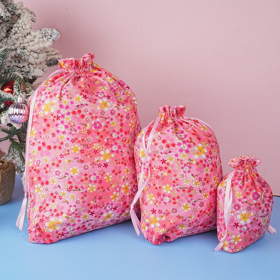 Pink Cherry Blossoms Drawstring Gift Bag,floral Gold Stamp Bag,wedding ...