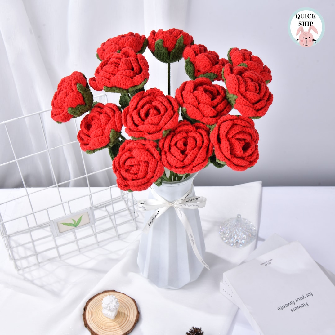 Red Rose Crochet Bouquet,crochet Rose Flower,housewarming Decor ...