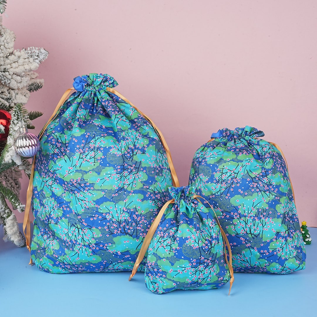 Blue Floral Drawstring Gift Bag,flower Blossom Gift Bag,handmade Favor ...