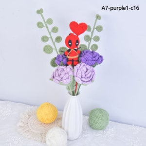 Crochet Deadpool Rose Flower Bouquet,handmade Crochet Ornament Flowers ...