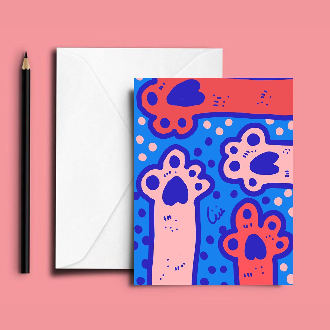 animal-greeting-cards-cat-postcard-for-kids-paw-print-cards-etsy