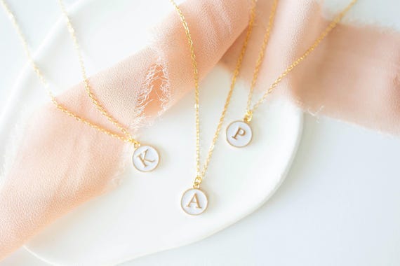 Initial Necklace White Enamel Gold Charm Necklace Monogram Disc Moms Gift Circle Letter Necklace Bridesmaids Gift Personalized Gift Etsy