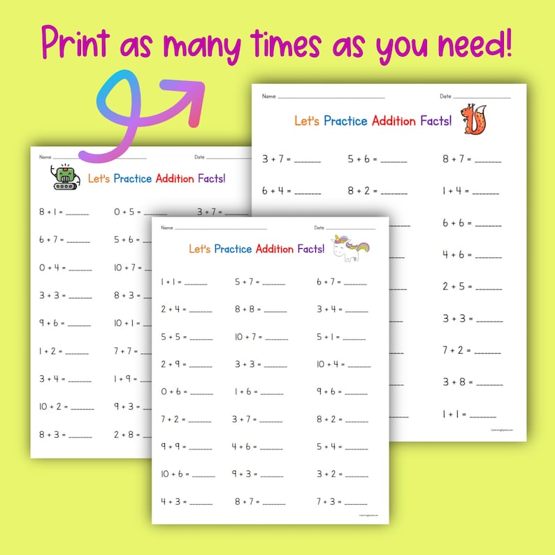 Addition Facts Printable Worksheets - Practice Math Fluency ...