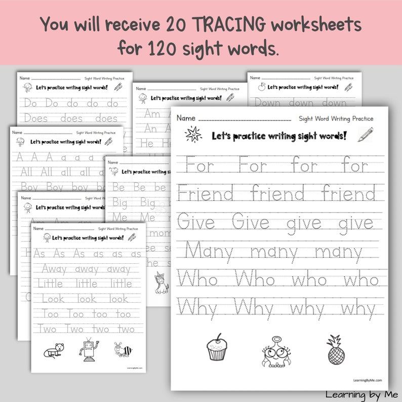 20 Printable Sight Word Worksheets Tracing for 120 Sight - Etsy