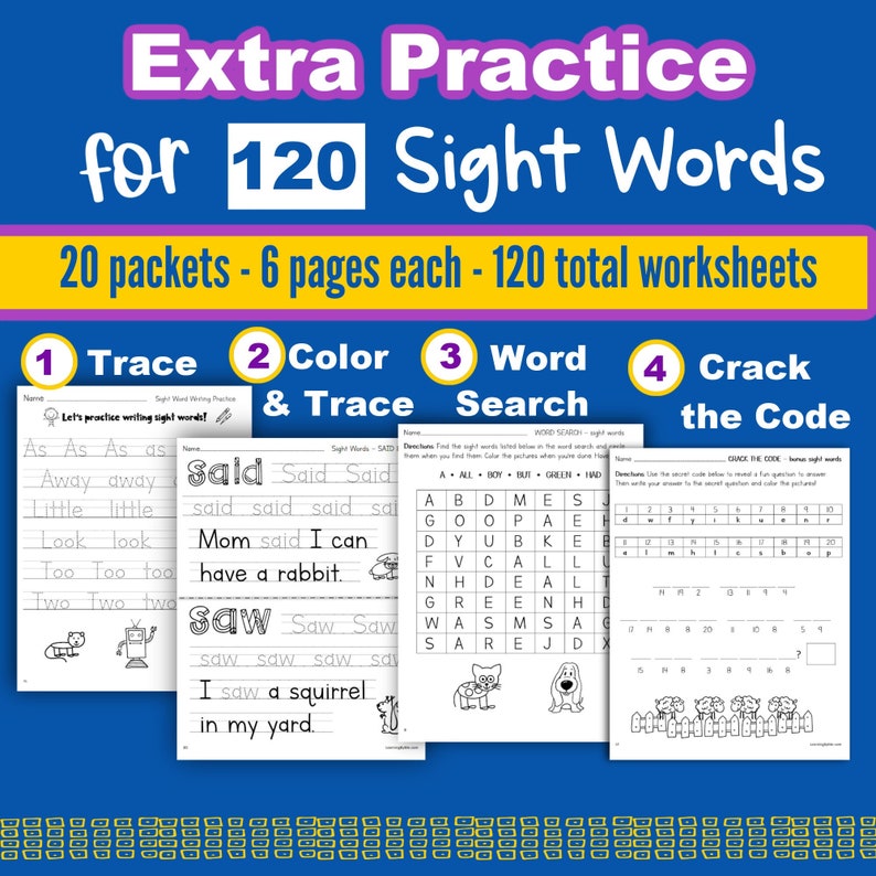 120 Sight Word Worksheets Kindergarten & First Grade Sight Word ...