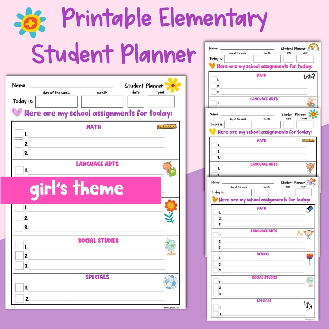 Girl's themed Printable Elementary Student Planner | Etsy
