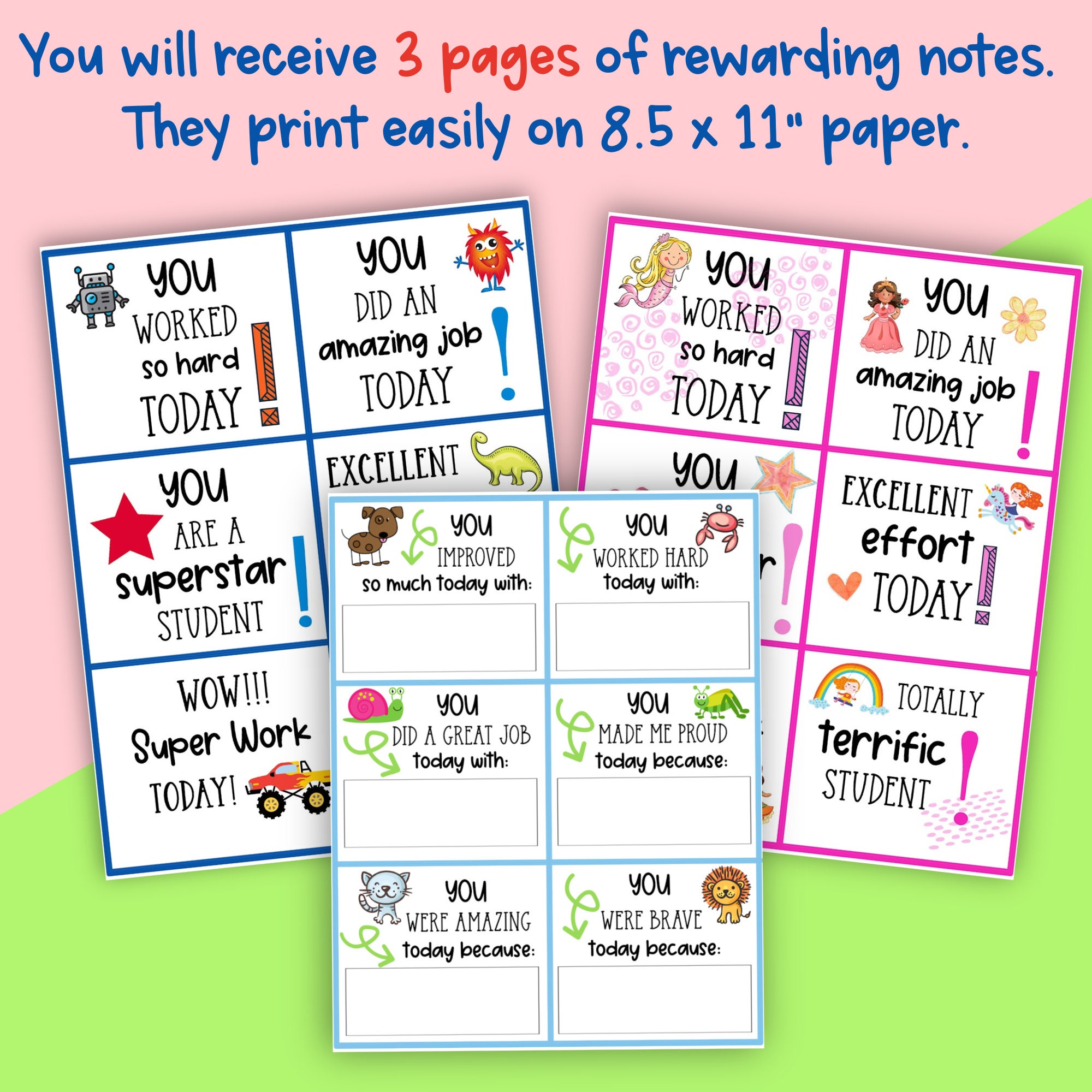 Printable Notes to Reward Student Work - Positive Notes for Elementary ...