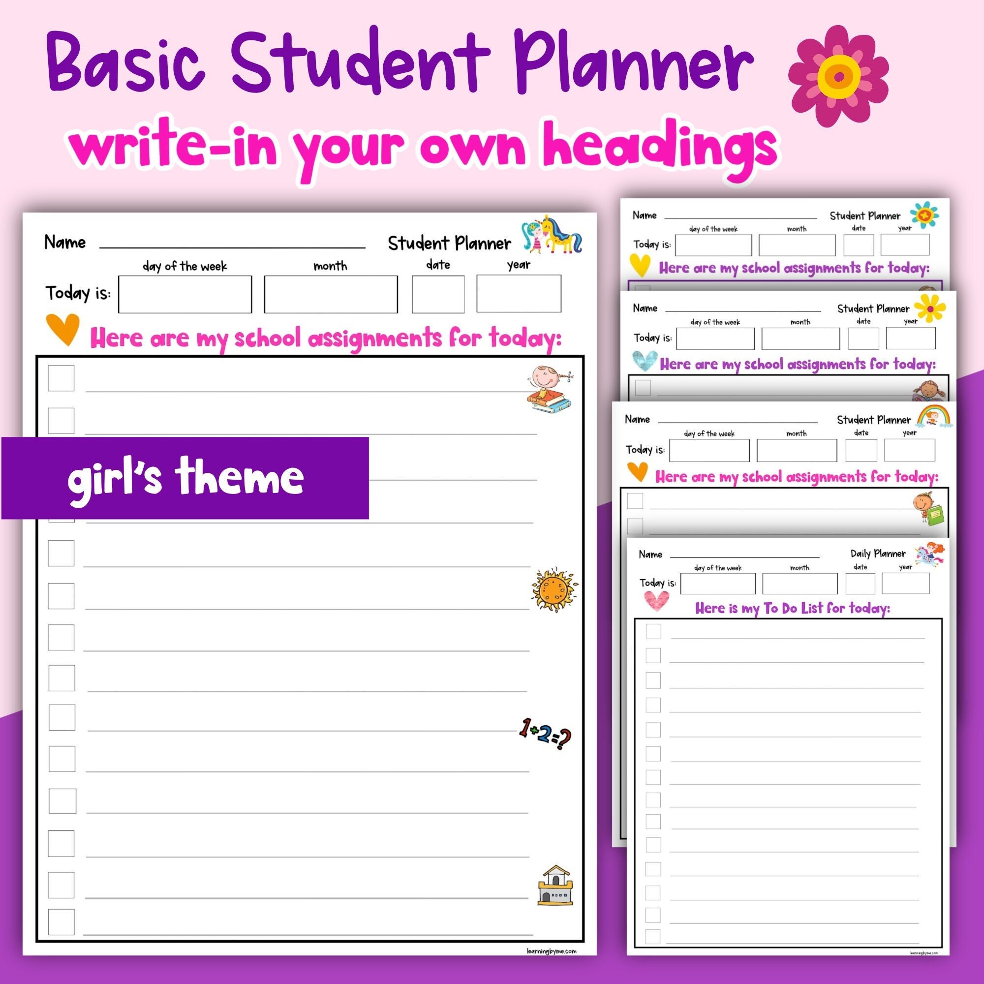 Girl's Basic Printable Student Planner - to Do List & Assignment ...