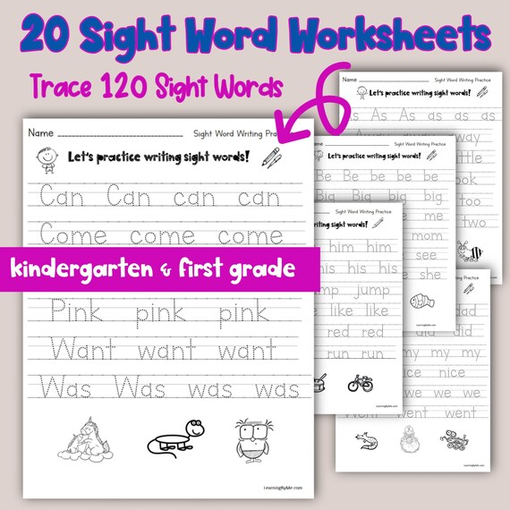 20 Printable Sight Word Worksheets Tracing for 120 Sight - Etsy