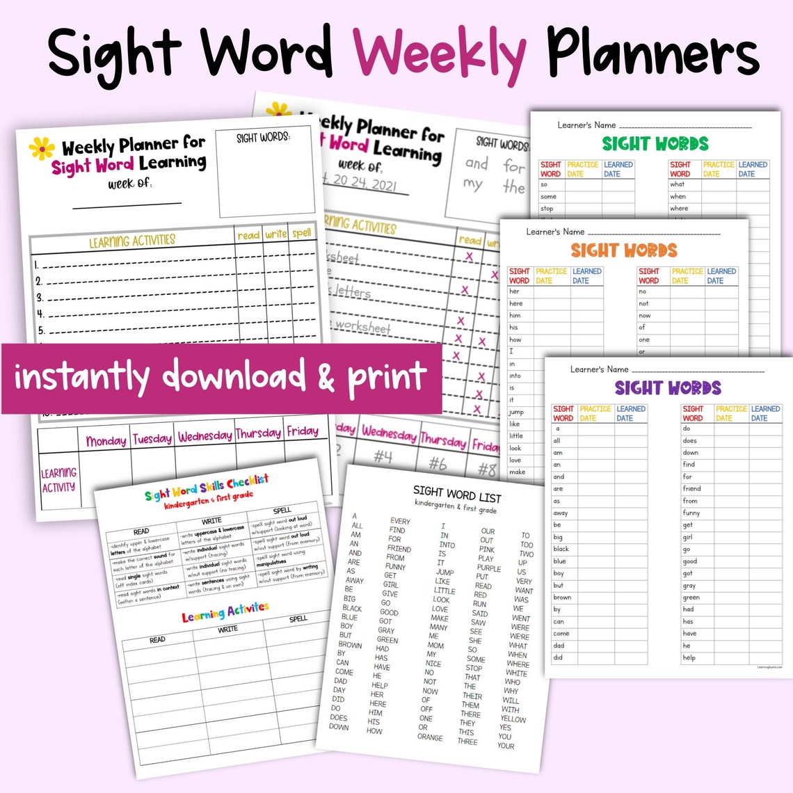Printable Sight Word Weekly Planners - Planner for Teaching Sight Words ...