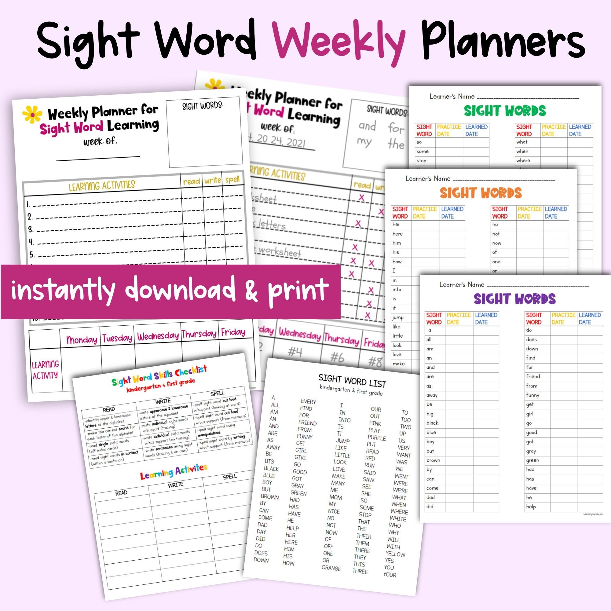 Printable Sight Word Weekly Planners - Planner for Teaching Sight Words ...