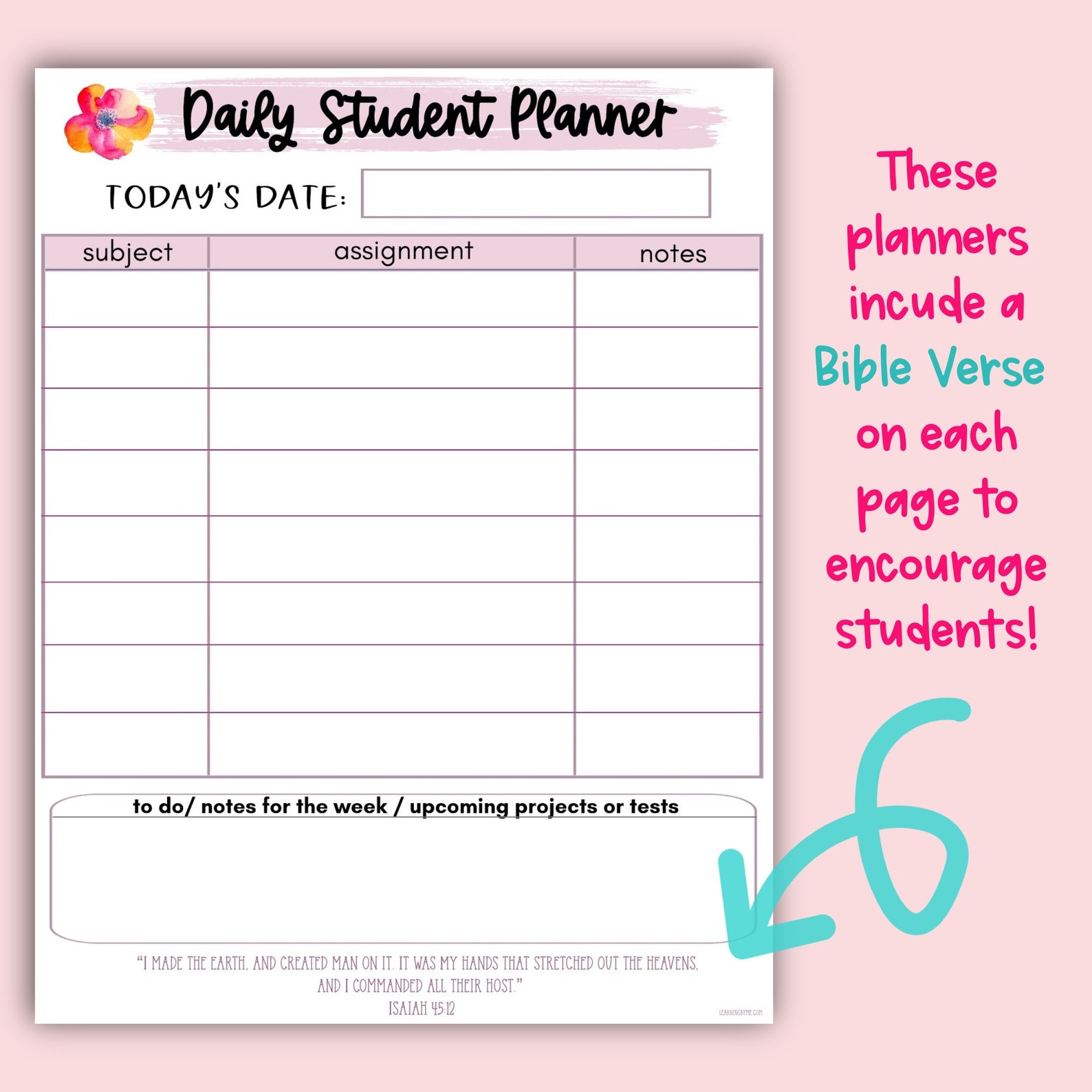 Printable Student Assignment Planners w/Bible Verses | Etsy