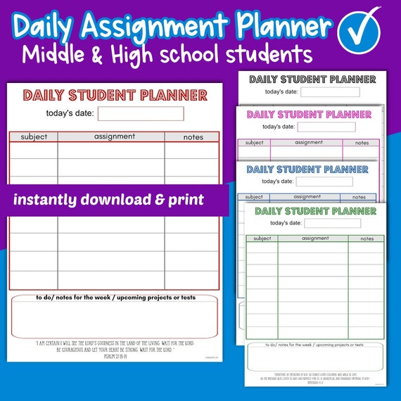 Printable Assignment Planner for Middle & High School Students | Etsy