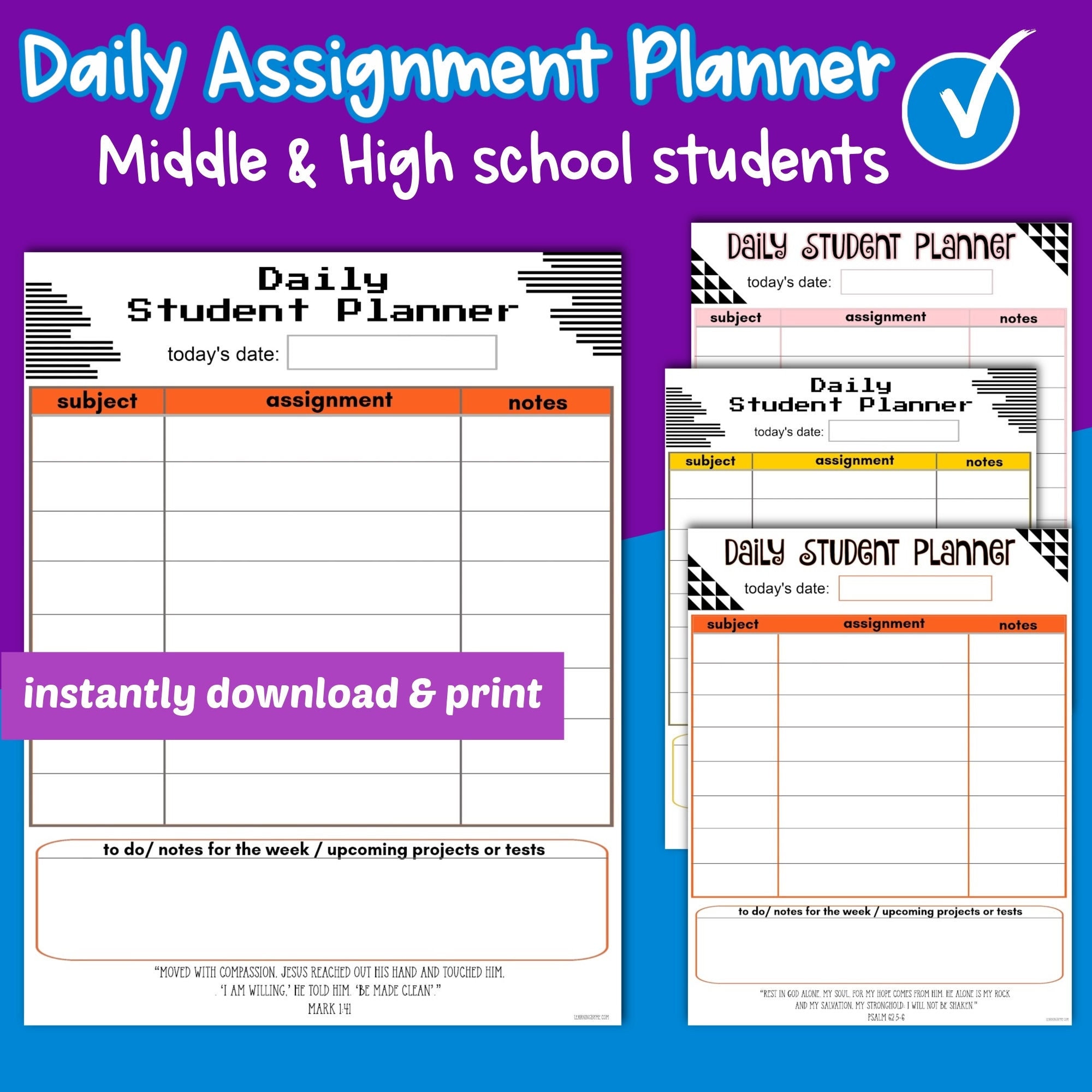 Printable Assignment Planner for Middle & High School Students ...