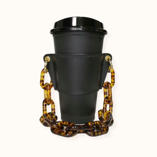LEATHER Reusable Cupholder & Chain Handmade Coffee Cup - Etsy