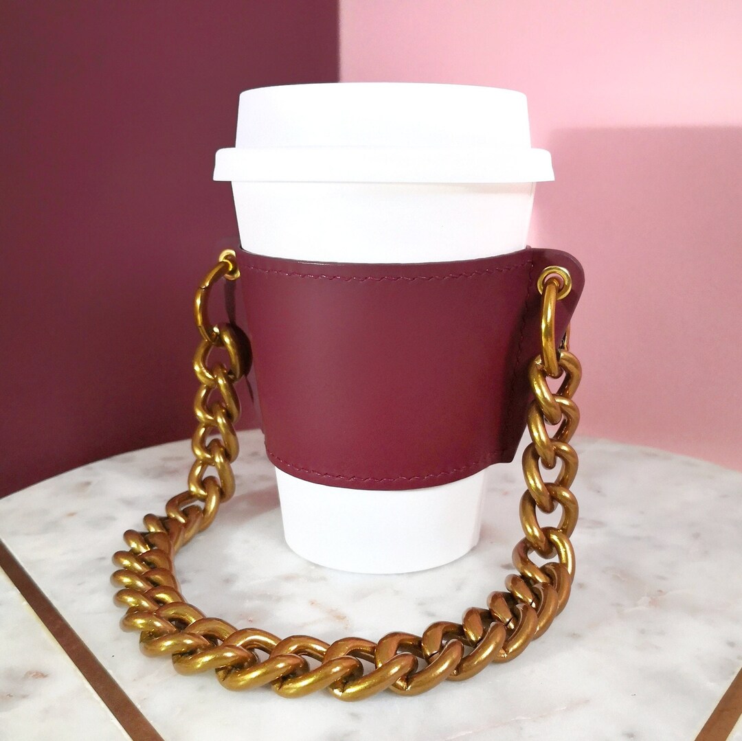LEATHER Reusable Cupholder & Chain Handmade Coffee Cup Holder Sleeve ...