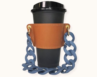 LEATHER Reusable Cupholder & Chain Handmade Coffee Cup - Etsy