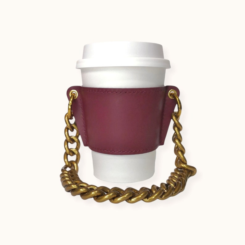 LEATHER Reusable Cupholder & Chain Handmade Coffee Cup - Etsy