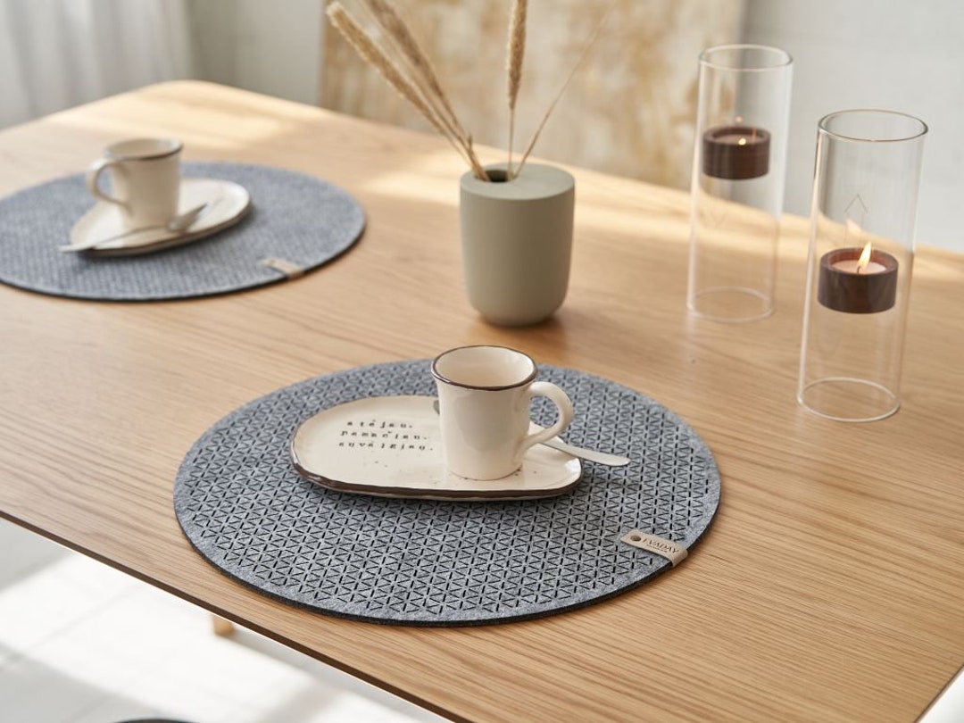 Round Grey Felt Placemats With Laser Cut Pattern - Washable Table ...