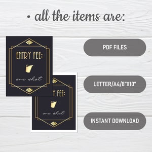 Entry Fee One Shot Sign - Printable Gatsby Party Sign - 20s Party ...