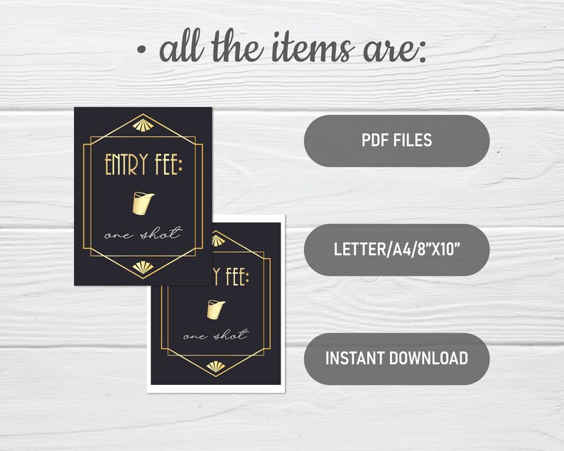 Entry Fee One Shot Sign, Printable Gatsby Party Sign, 20s Party ...