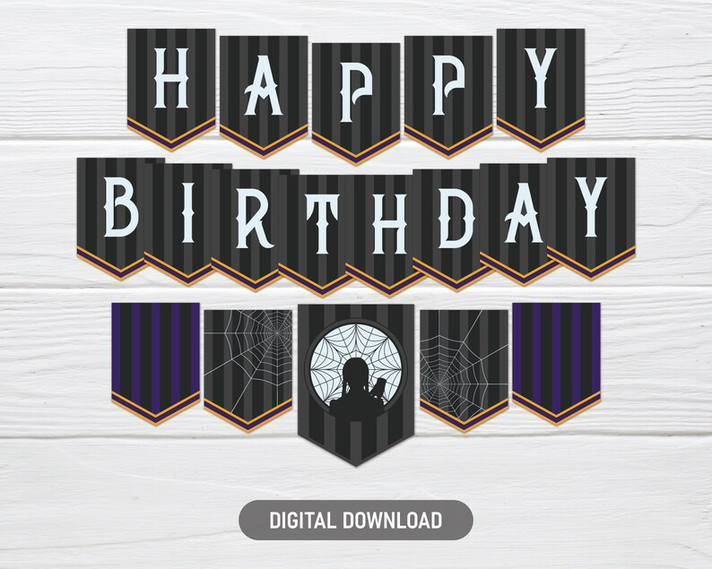 Wednesday Birthday Banner, Printable Party Decoration, Gothic Happy ...