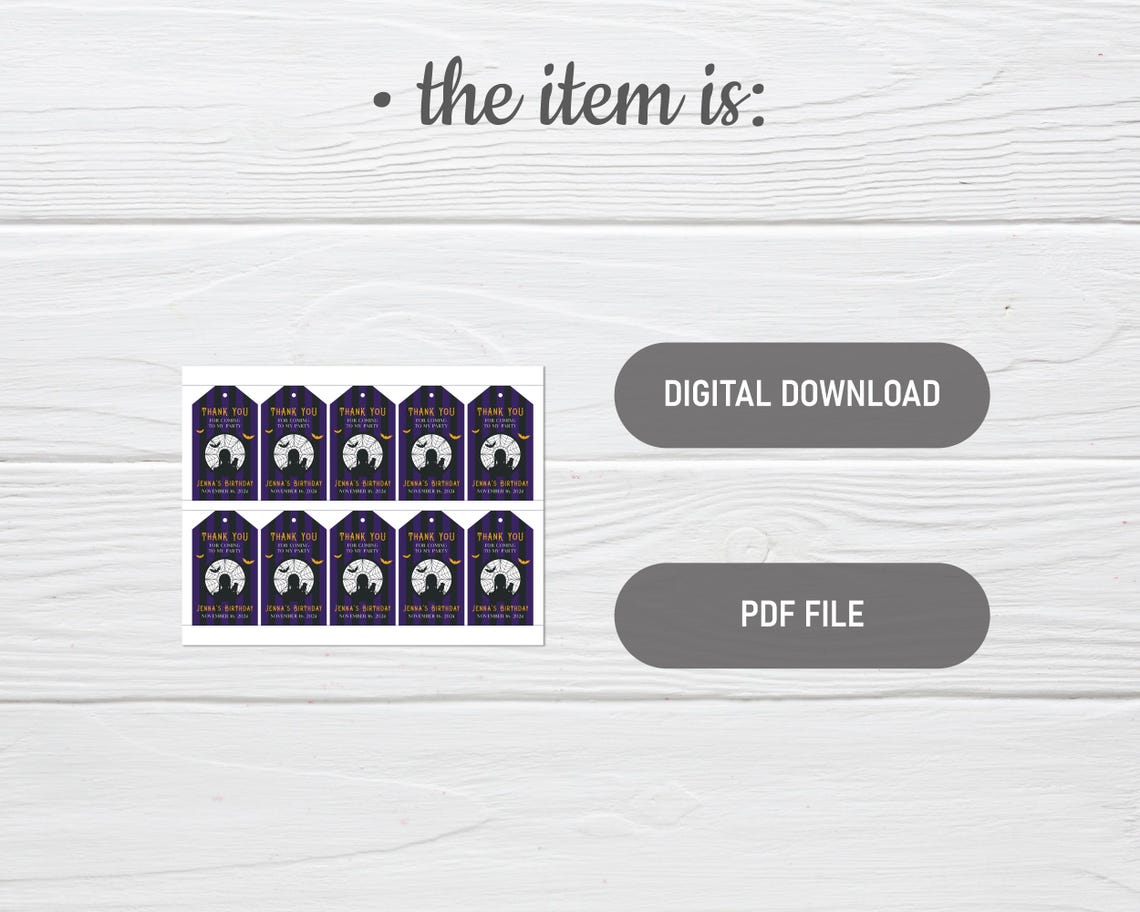 Wednesday Thank You Tags, Printable Purple Party Favor Tags, Birthday ...