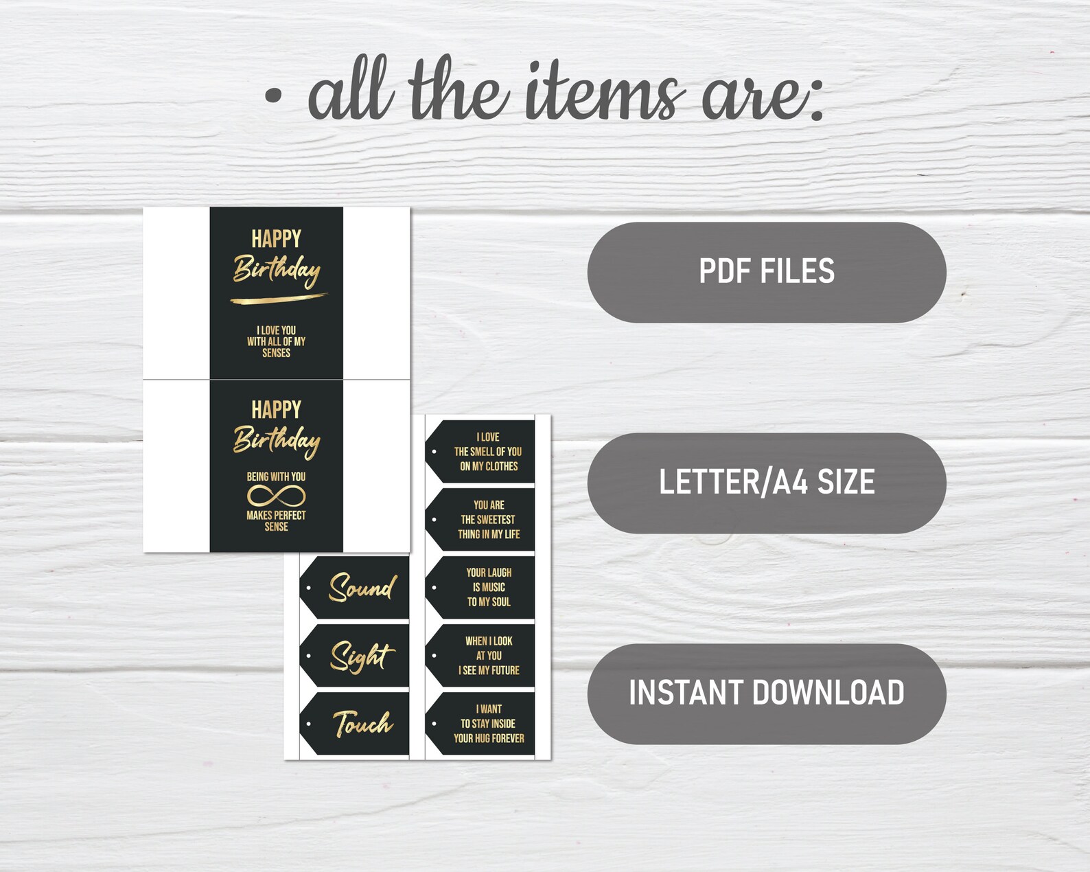 5 Senses Birthday Gift Tags, Printable Black and Gold Gift Labels, Card ...