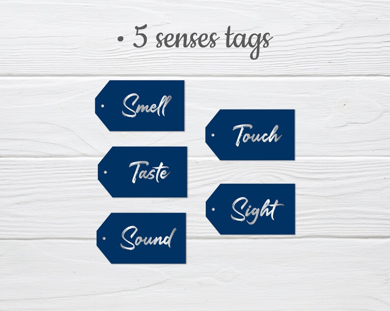 5 Senses Birthday Gift Tags, Printable Navy Blue and Silver Gift Labels ...