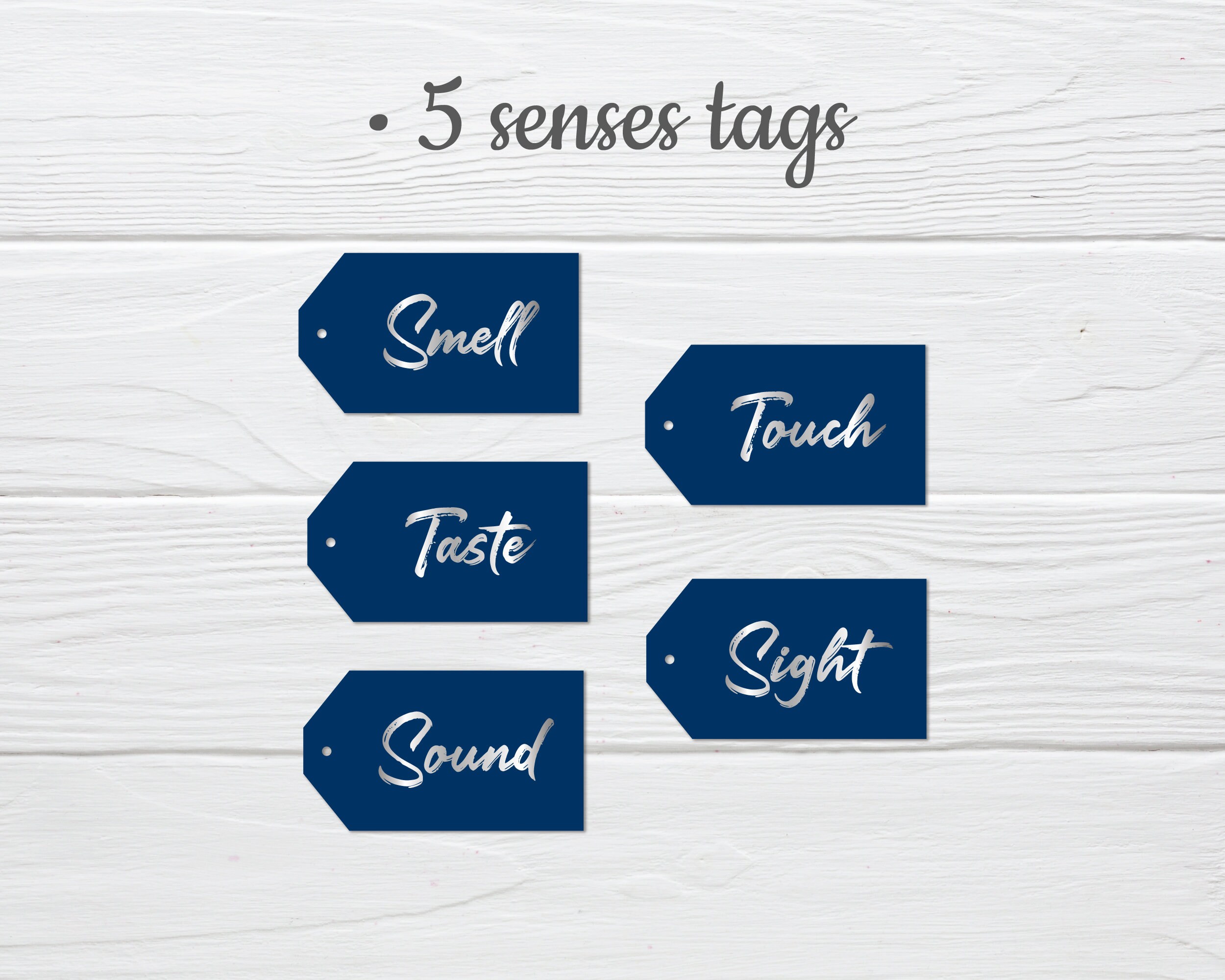 5 Senses Birthday Gift Tags, Printable Navy Blue and Silver Gift Labels ...
