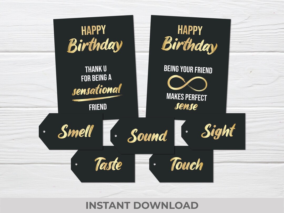 5 Senses Friend Gift Tags – Printable Birthday Cards for Bestie - Black ...