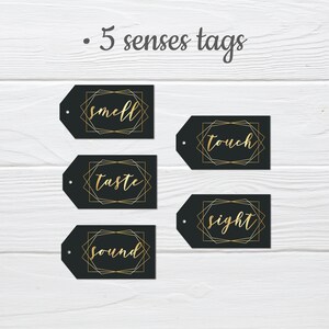 5 Senses Birthday Gift Tags - Printable Black and Gold Gift Labels and ...
