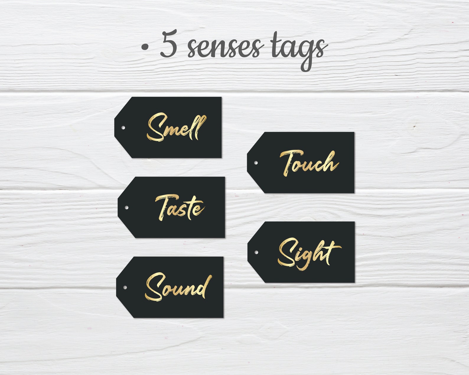 5 Senses Birthday Gift Tags, Printable Black and Gold Gift Labels, Card ...